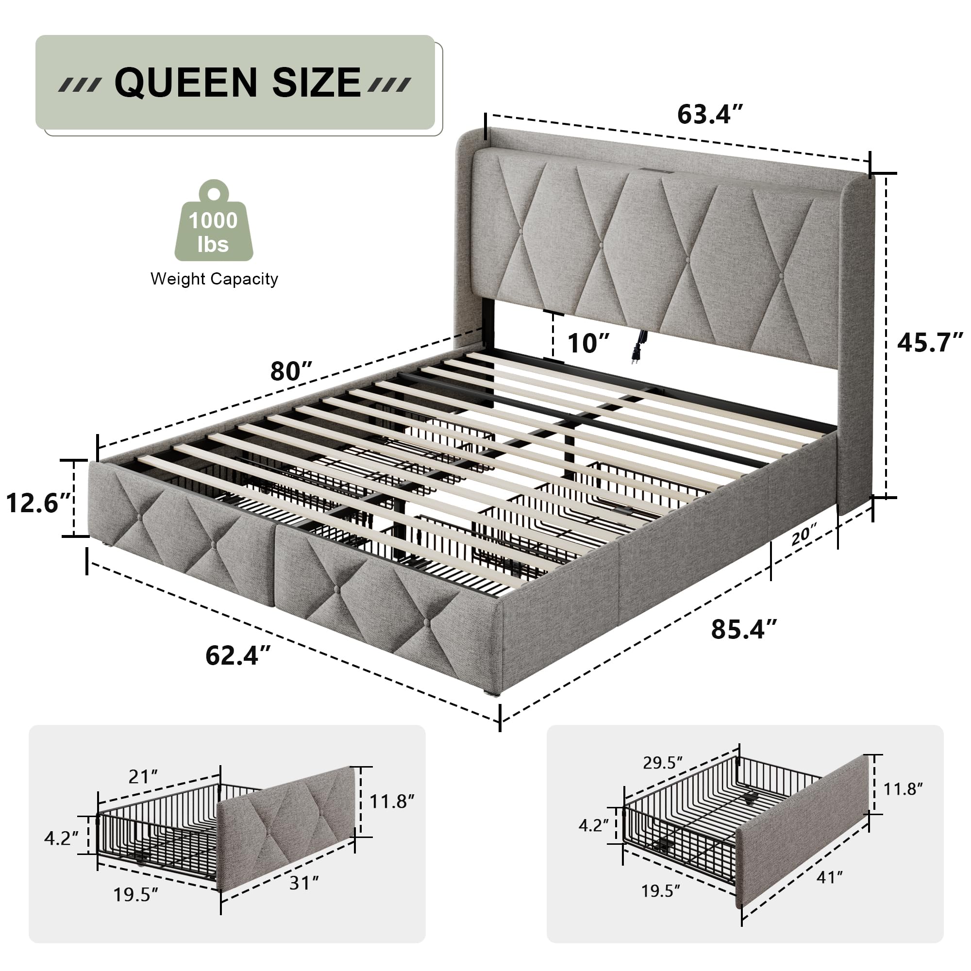 Feonase Queen Bed Frame with 4 Storage Drawers, Upholstered Button Tufted Storage Headboard with Fast Charging Station, Heavy Duty Slats Support, No Box Spring Needed, Noise-Free, Light Grey