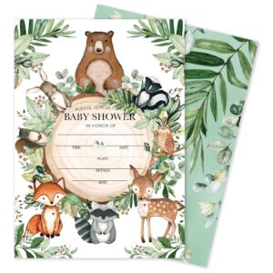 whaline 25 sets woodland baby shower party invitations with envelope stickers watercolor forest animal greenery invitation cards blank invites for baby shower birthday party supplies, 5 x 7 inch