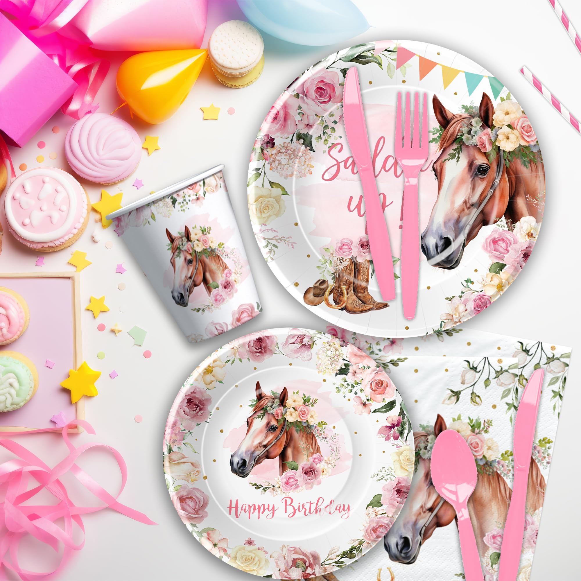 HIPVVILD Cowgirl Party Decorations Tableware - Western Horse Birthday Party Supplies For Girl, Plate, Napkin, Fork, Tablecloth, Wild West Cowgirl Birthday Baby Shower Decorations Dinnerware | Serve 24