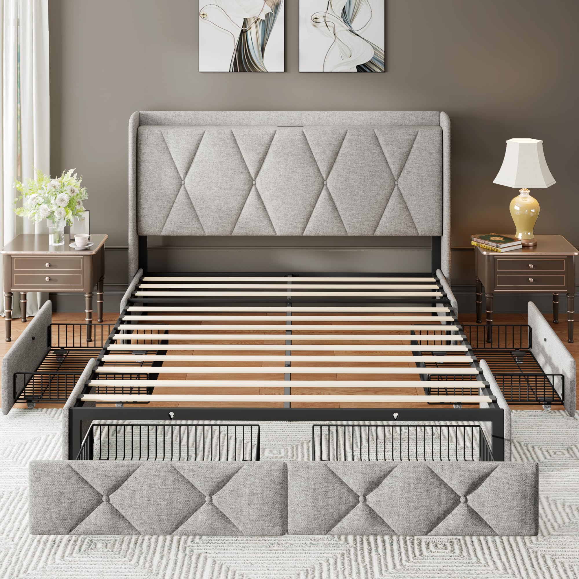 Feonase Queen Bed Frame with 4 Storage Drawers, Upholstered Button Tufted Storage Headboard with Fast Charging Station, Heavy Duty Slats Support, No Box Spring Needed, Noise-Free, Light Grey