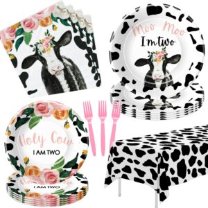 apowbls moo moo im two birthday decorations tableware girl - cow 2nd birthday party supplies, plate, napkin, tablecloth, fork, holy cow two year old birthday party decorations dinnerware | serve 24