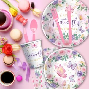 HIPVVILD Butterfly Baby Shower Decorations - A Little Butterfly Is On The Way Party Supplies, Plate, Napkin, Tablecloth, Fork, Pink Floral Butterfly Baby Girl Table Decorations Tableware | Serve 24