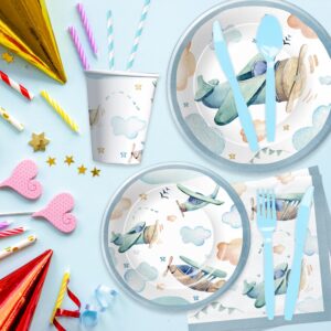 HIPVVILD Airplane Party Decorations Dinnerware - Airplane Birthday Party Supplies, Paper Plate, Napkin, Tablecloth, Fork, Airplane Theme Birthday Baby Shower Decorations Party Tableware | Serve 24