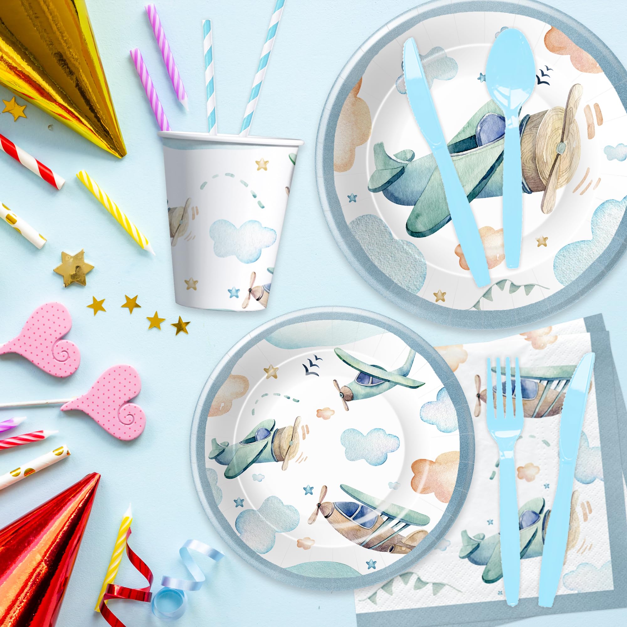 HIPVVILD Airplane Party Decorations Dinnerware - Airplane Birthday Party Supplies, Paper Plate, Napkin, Tablecloth, Fork, Airplane Theme Birthday Baby Shower Decorations Party Tableware | Serve 24