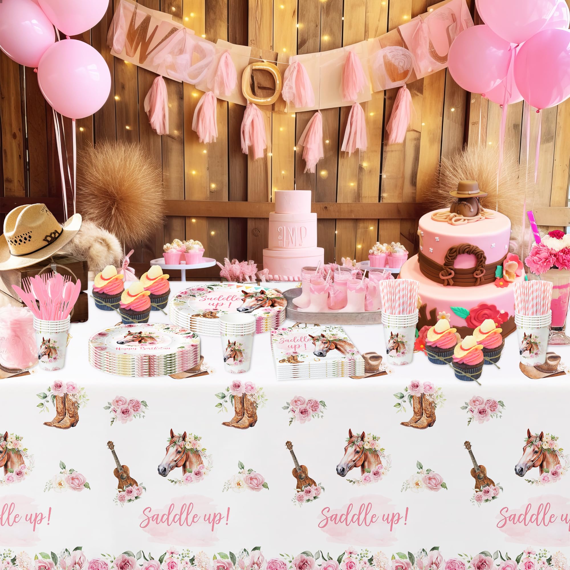 HIPVVILD Cowgirl Party Decorations Tableware - Western Horse Birthday Party Supplies For Girl, Plate, Napkin, Fork, Tablecloth, Wild West Cowgirl Birthday Baby Shower Decorations Dinnerware | Serve 24