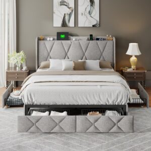 Feonase Queen Bed Frame with 4 Storage Drawers, Upholstered Button Tufted Storage Headboard with Fast Charging Station, Heavy Duty Slats Support, No Box Spring Needed, Noise-Free, Light Grey