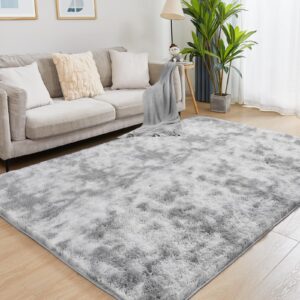 puremy ultra soft area rugs for living room, 5x7 tie-dyed light grey fluffy plush rugs for bedroom, non-slip floor carpet for nursery, bedside, playroom, corridor, indoor decor