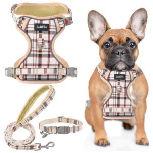 gamuda dog harness collar and leash set, dog harness, no chock no pull adjustable vest harnesses plaid reflective for medium dog, cat, small horse, small bull and pig (beige, s)