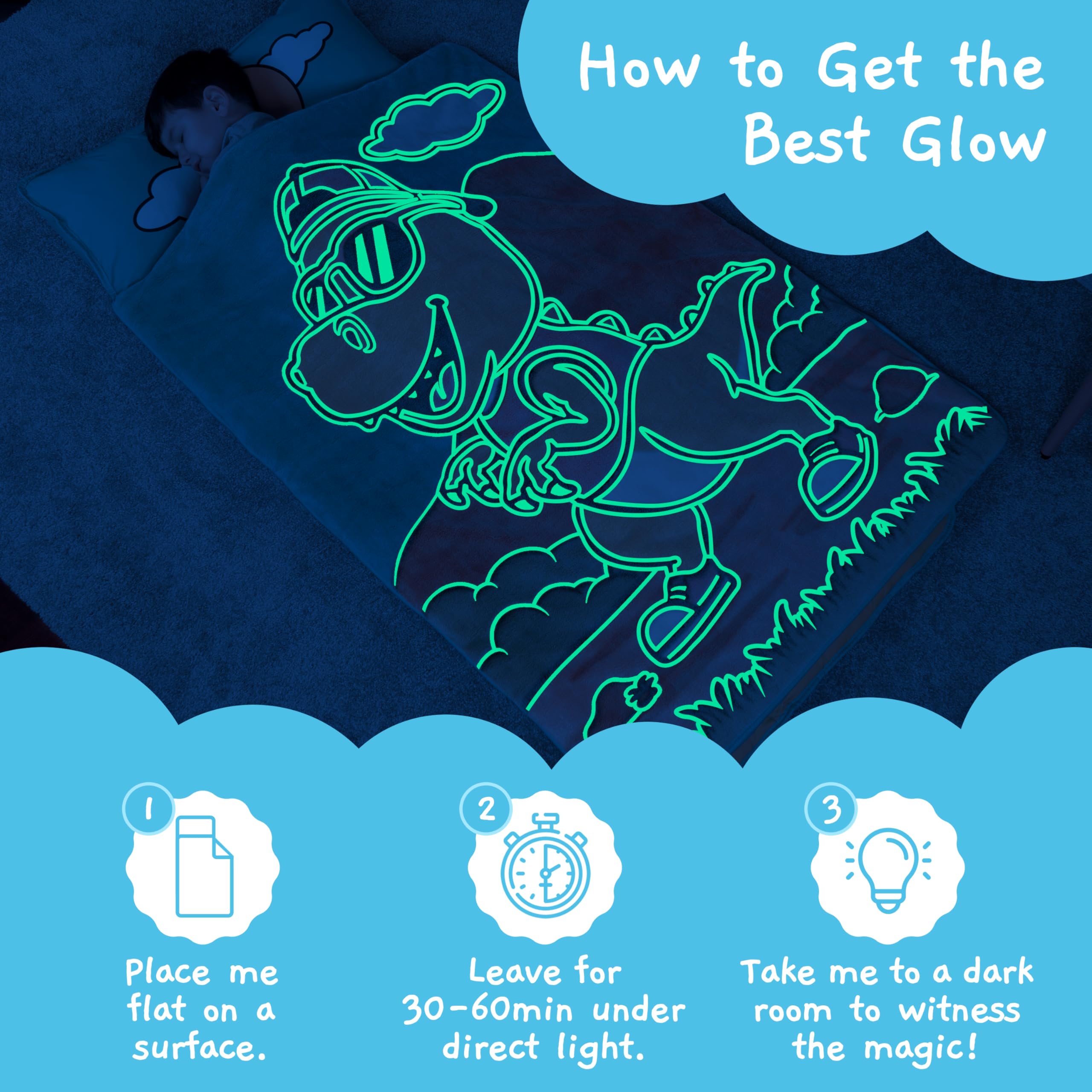 Glow in The Dark- Nap Mats for Daycare - Nap Mats for Preschool - Sleeping Mats for Kids- Dinosaur Nap Mat - Toddler Nap Mat with Pillow, Dinosaur Sleeping Bag for Kids 3-8