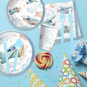 HIPVVILD Airplane Party Decorations Dinnerware - Airplane Birthday Party Supplies, Paper Plate, Napkin, Tablecloth, Fork, Airplane Theme Birthday Baby Shower Decorations Party Tableware | Serve 24