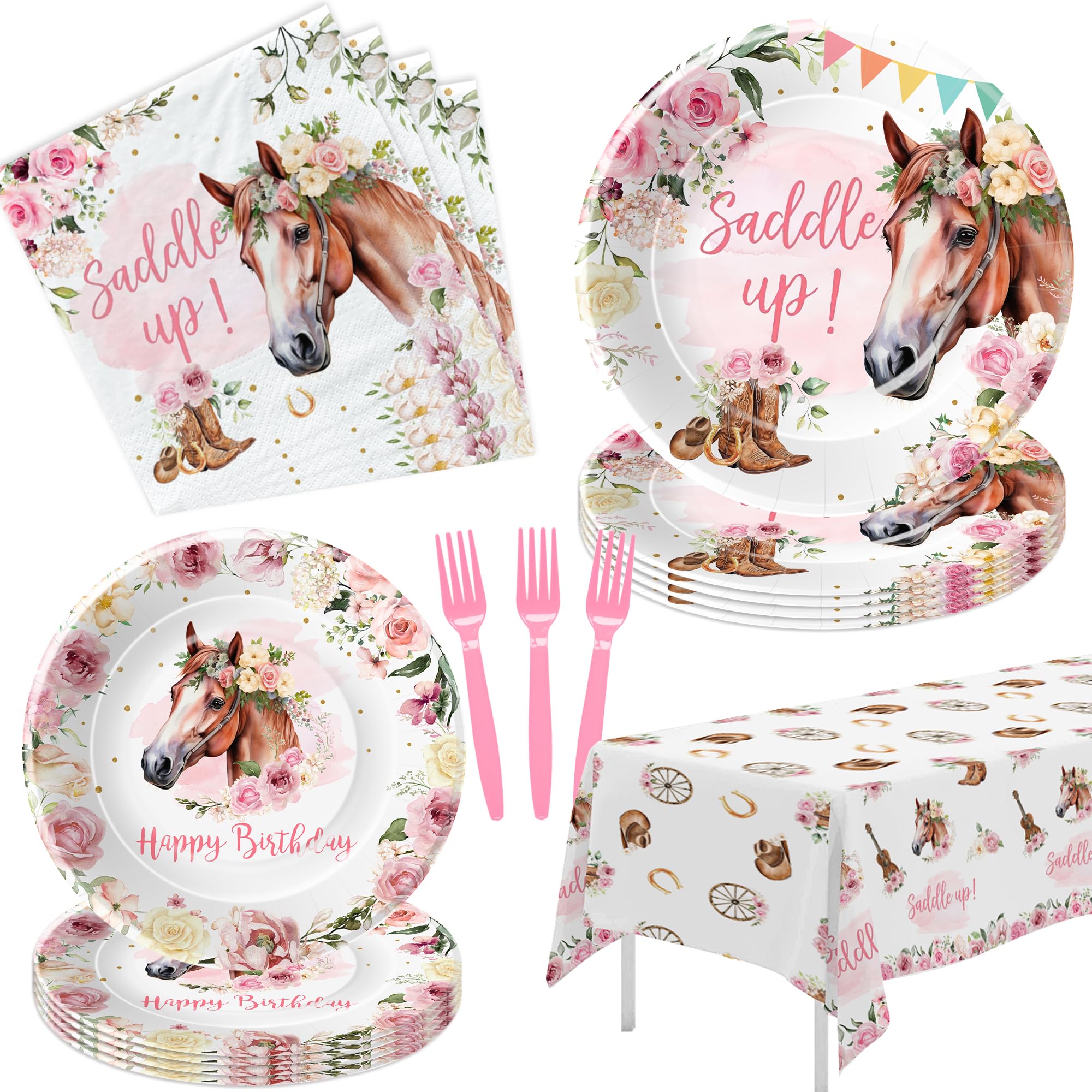 HIPVVILD Cowgirl Party Decorations Tableware - Western Horse Birthday Party Supplies For Girl, Plate, Napkin, Fork, Tablecloth, Wild West Cowgirl Birthday Baby Shower Decorations Dinnerware | Serve 24