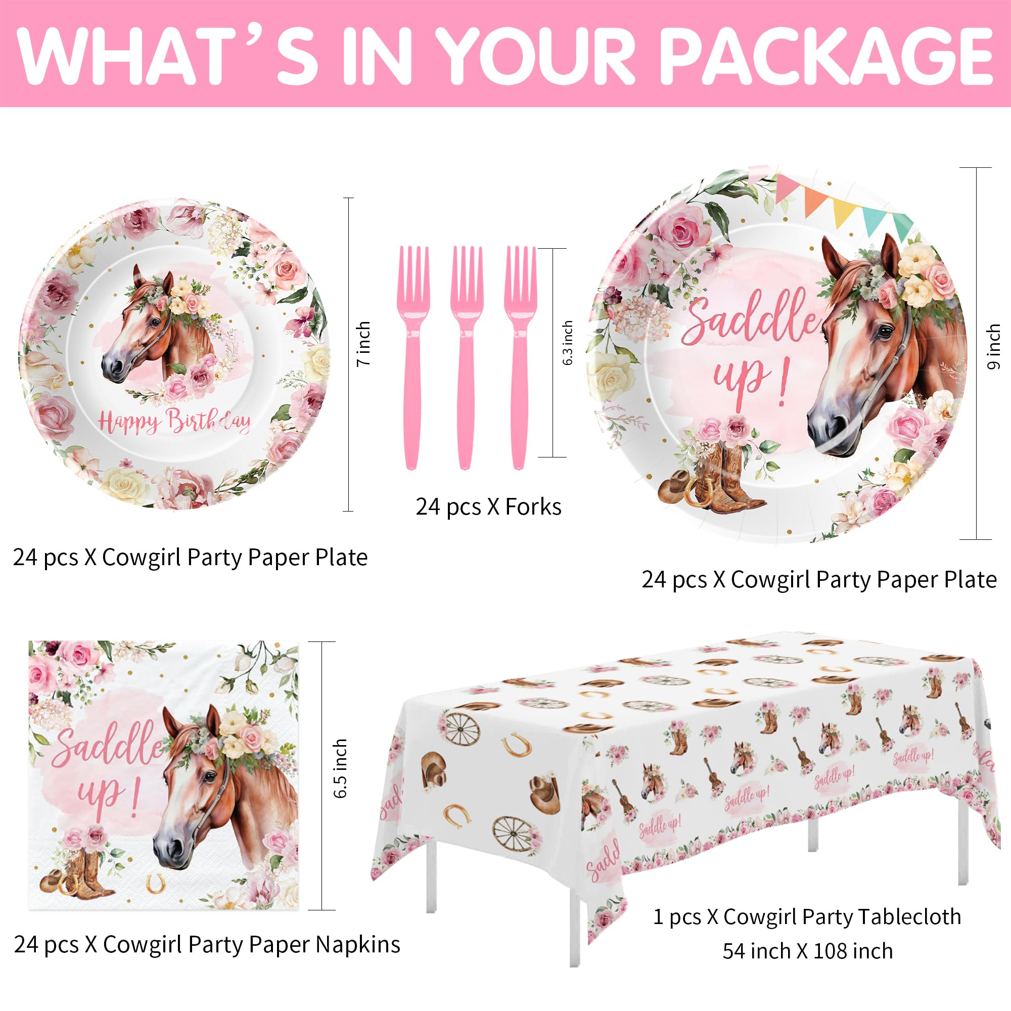 HIPVVILD Cowgirl Party Decorations Tableware - Western Horse Birthday Party Supplies For Girl, Plate, Napkin, Fork, Tablecloth, Wild West Cowgirl Birthday Baby Shower Decorations Dinnerware | Serve 24