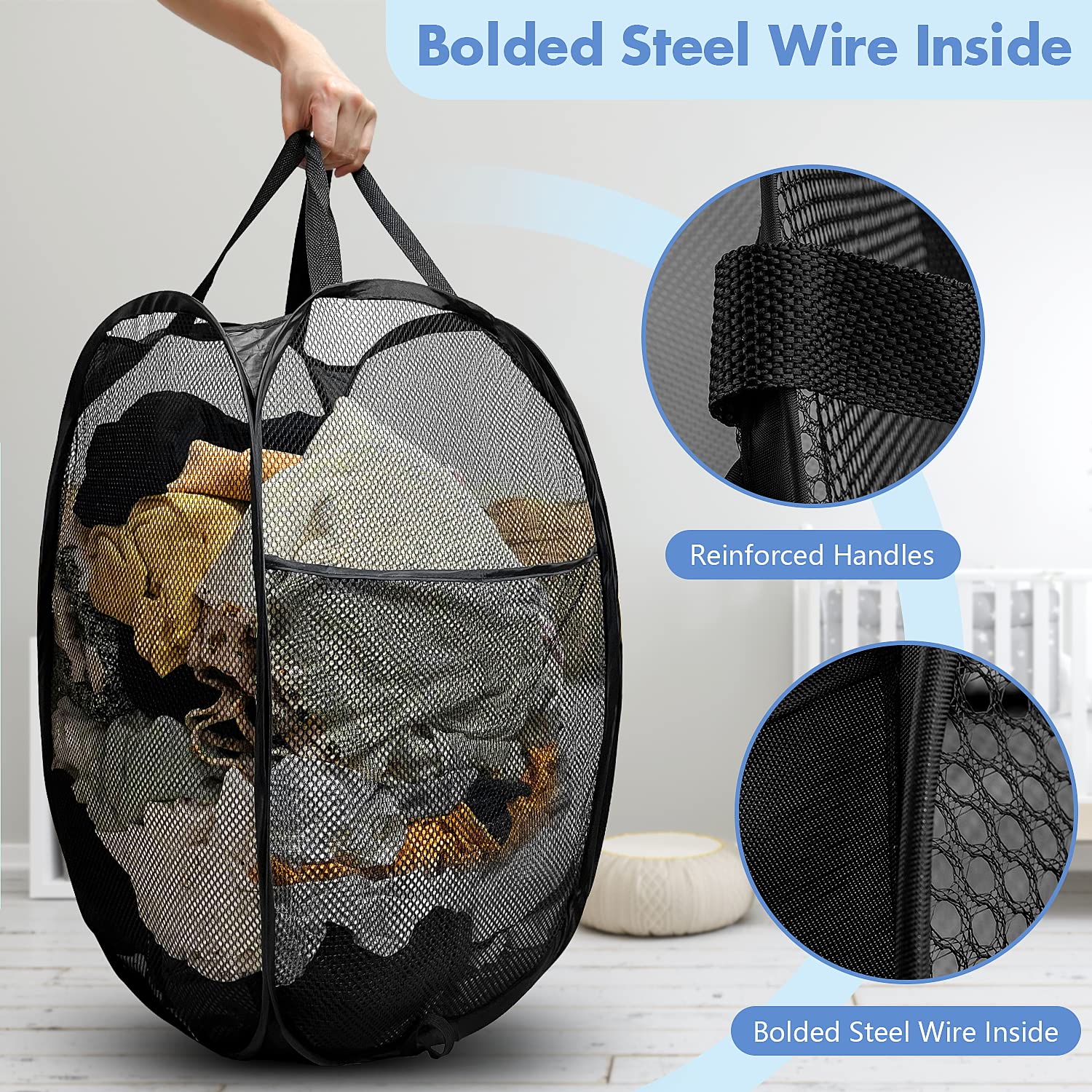 Pop Up Hamper, 2 PCS Mesh Pop Up Laundry Hamper, Premium Pop Up Laundry Basket, Mesh Laundry Basket, Pop Up Hampers for Laundry, Mesh Laundry Hamper, Foldable Popup Mesh Hamper, Travel Hamper, Black