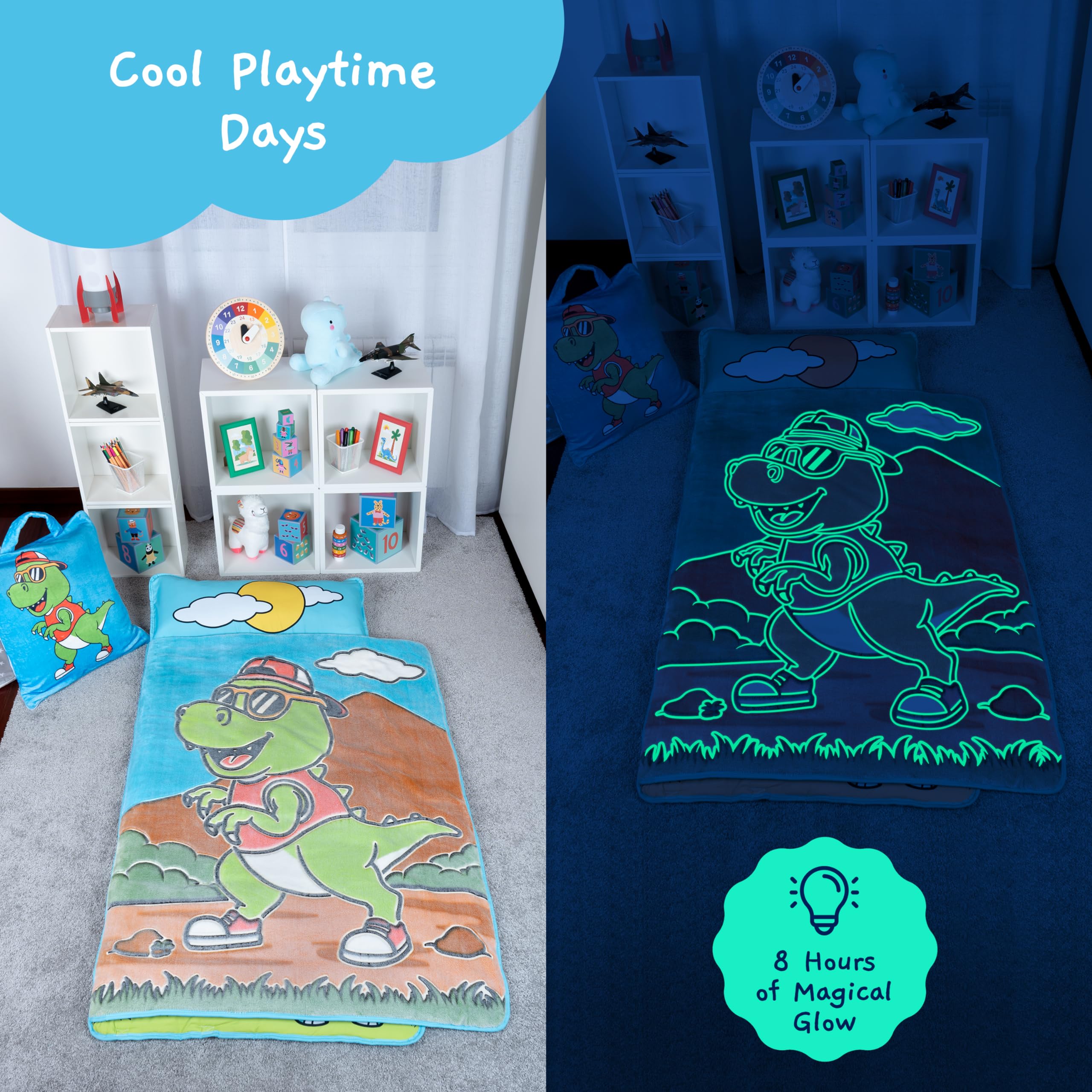 Glow in The Dark- Nap Mats for Daycare - Nap Mats for Preschool - Sleeping Mats for Kids- Dinosaur Nap Mat - Toddler Nap Mat with Pillow, Dinosaur Sleeping Bag for Kids 3-8