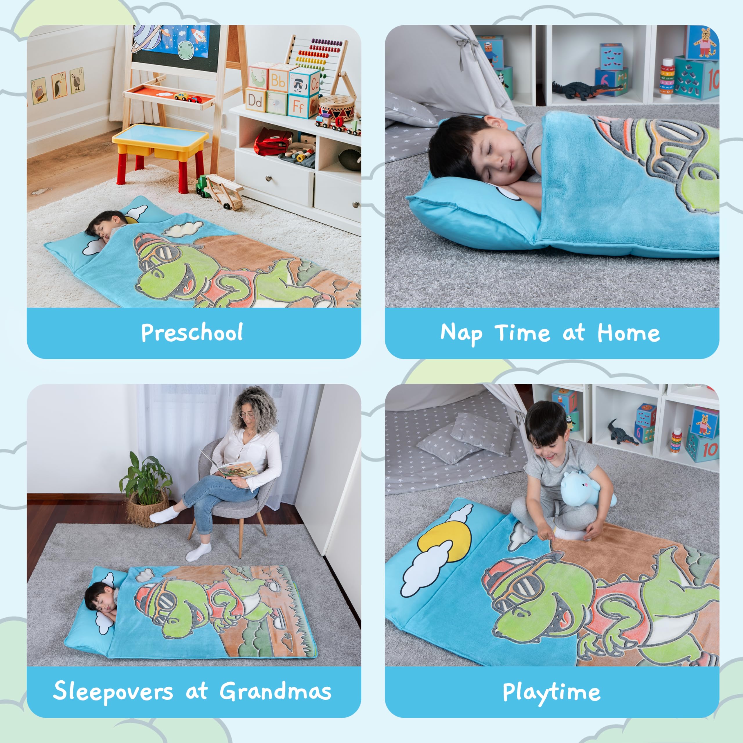 Glow in The Dark- Nap Mats for Daycare - Nap Mats for Preschool - Sleeping Mats for Kids- Dinosaur Nap Mat - Toddler Nap Mat with Pillow, Dinosaur Sleeping Bag for Kids 3-8