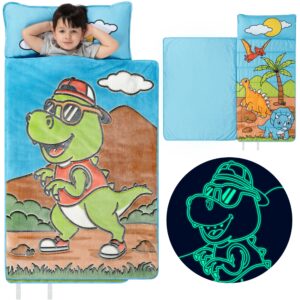 glow in the dark- nap mats for daycare - nap mats for preschool - sleeping mats for kids- dinosaur nap mat - toddler nap mat with pillow, dinosaur sleeping bag for kids 3-8