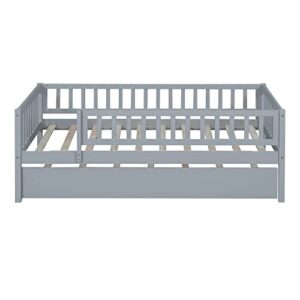 RORIGAT Wooden Daybed, Twin Size Bed Frame with Trundle and Fence Guardrails for Kids Teens Adults, Wood Slat Support, No Box Spring Needed, Easy Assembly,Gray