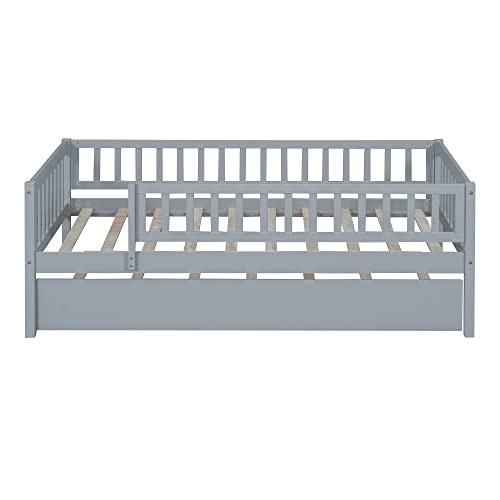 RORIGAT Wooden Daybed, Twin Size Bed Frame with Trundle and Fence Guardrails for Kids Teens Adults, Wood Slat Support, No Box Spring Needed, Easy Assembly,Gray