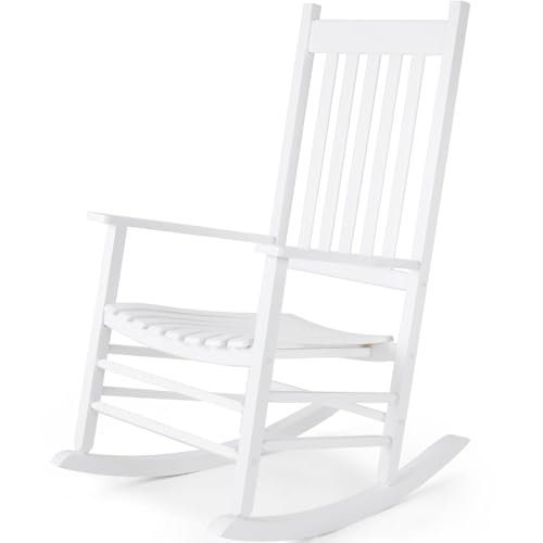 MAMIZO Wooden Rocking Chair Outdoor with High Back,Rocking Chair Indoor Oversized Easy to Assemble for Garden,Lawn, Balcony, Backyard,Porch,Wooden Rocking Chair,Porch Rocker（White）