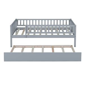 RORIGAT Wooden Daybed, Twin Size Bed Frame with Trundle and Fence Guardrails for Kids Teens Adults, Wood Slat Support, No Box Spring Needed, Easy Assembly,Gray