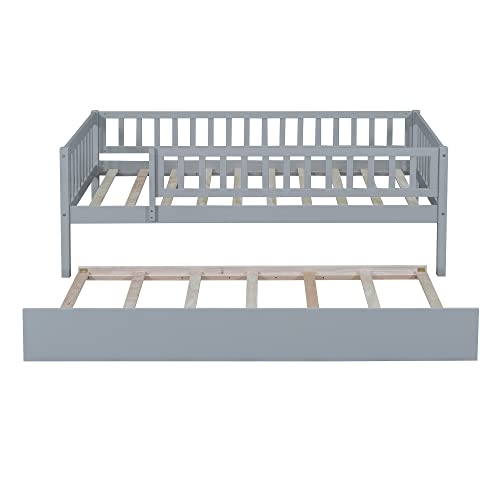 RORIGAT Wooden Daybed, Twin Size Bed Frame with Trundle and Fence Guardrails for Kids Teens Adults, Wood Slat Support, No Box Spring Needed, Easy Assembly,Gray