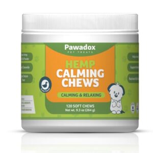 pawadox - hemp calming chews for dogs, easy to digest, made from organic hemp, chamomile, passion flower for dog anxiety relief, sqf certified facility, tasty duck flavor - 120 soft chews