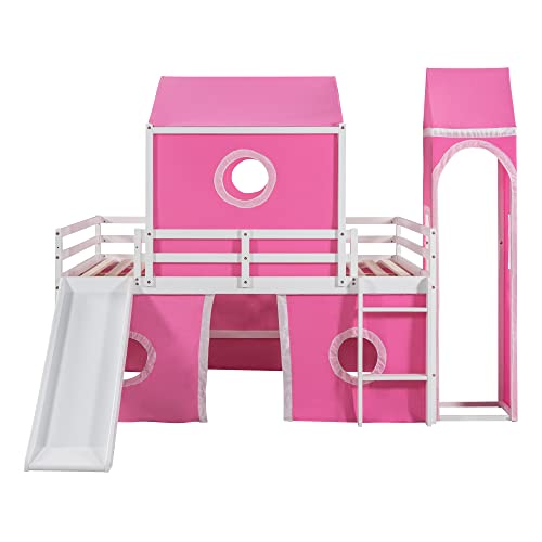 RORIGAT Castle Full Size Bunk Bed,Solid Wood Low Loft Bed Frame with Windows Slide, Tent and Tower,Bunk Bed for Kids Bedroom,Pink