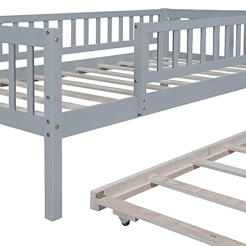 RORIGAT Wooden Daybed, Twin Size Bed Frame with Trundle and Fence Guardrails for Kids Teens Adults, Wood Slat Support, No Box Spring Needed, Easy Assembly,Gray