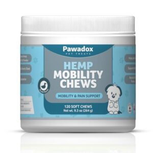 pawadox - hemp joint chews for dogs - mobility hemp dog treats for hip and joint health, organic turmeric supplement for dog arthritis pain relief- made in usa, sqf certified - duck flavor,120 count