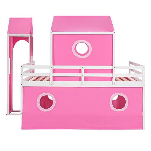 RORIGAT Castle Full Size Bunk Bed,Solid Wood Low Loft Bed Frame with Windows Slide, Tent and Tower,Bunk Bed for Kids Bedroom,Pink