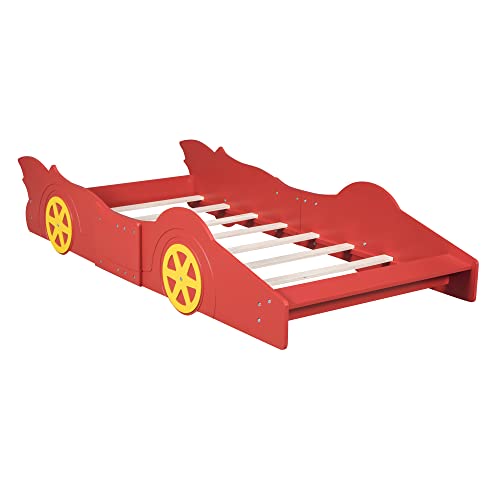 RORIGAT Twin Size Race Car-Shaped Platform Bed with Wheels,Wooden Loft Bed Frame,Cute Racing Bed for Kids Boys and Girls,Red