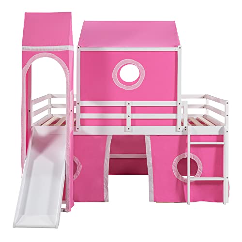 RORIGAT Castle Full Size Bunk Bed,Solid Wood Low Loft Bed Frame with Windows Slide, Tent and Tower,Bunk Bed for Kids Bedroom,Pink