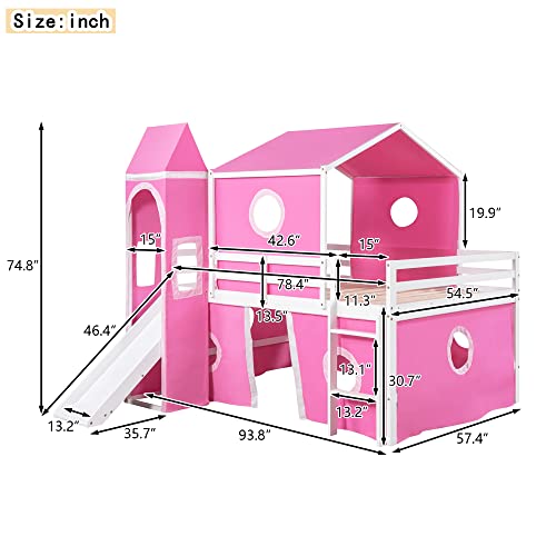 RORIGAT Castle Full Size Bunk Bed,Solid Wood Low Loft Bed Frame with Windows Slide, Tent and Tower,Bunk Bed for Kids Bedroom,Pink