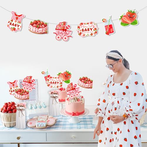 Balterever Strawberry Baby Shower Decorations for Girl 24pcs A Berry Sweet Baby Is on The Way Centerpieces Party Supplies Strawberry Baby Shower Centerpieces Sticks Berry Sweet Summer Fruit Party