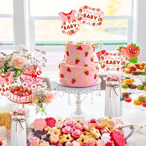 Balterever Strawberry Baby Shower Decorations for Girl 24pcs A Berry Sweet Baby Is on The Way Centerpieces Party Supplies Strawberry Baby Shower Centerpieces Sticks Berry Sweet Summer Fruit Party