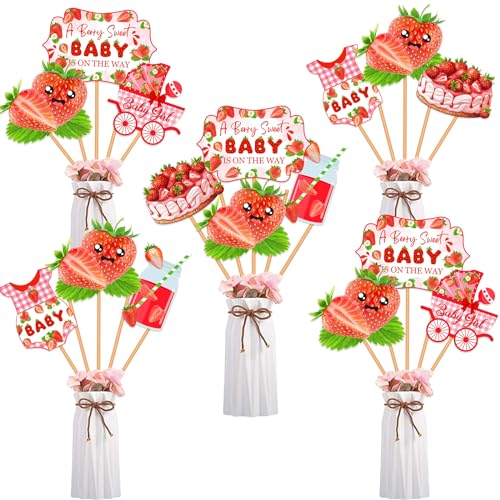 Balterever Strawberry Baby Shower Decorations for Girl 24pcs A Berry Sweet Baby Is on The Way Centerpieces Party Supplies Strawberry Baby Shower Centerpieces Sticks Berry Sweet Summer Fruit Party