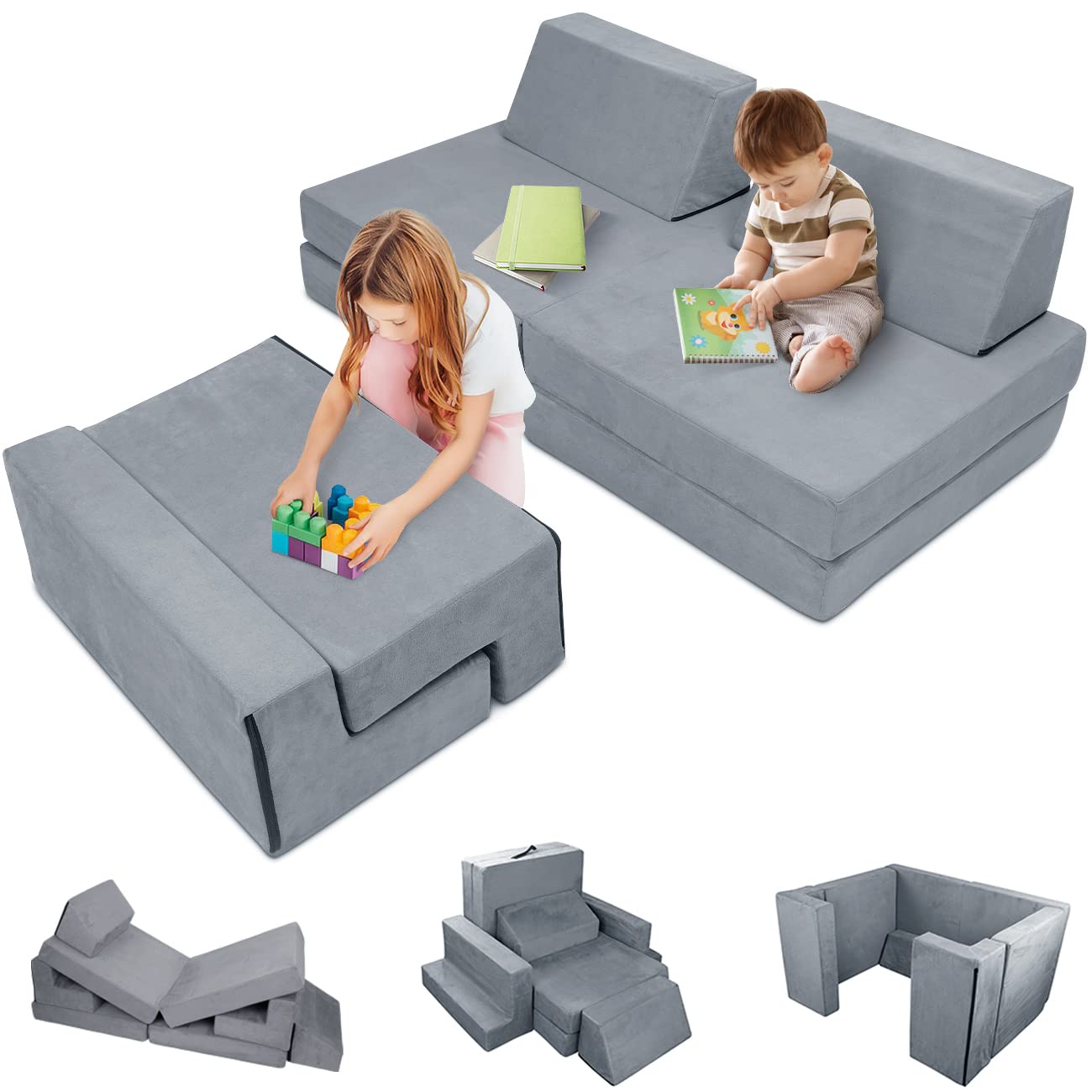 DREAMANIA 7PCS Kids Play Couch, 2024 Premium Modular Kids Play Couch for Toddler Child, Kid Foam Sofa for Bedroom Playroom Toyroom, Prefect Gift for Creative Girls & Boys, Grey