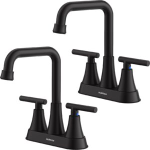 matte black bathroom sink faucet, hurran 4 inch bathroom faucets for sink 3 hole with pop-up drain and supply hoses, 360 swivel spout centerset faucet for bathroom sink vanity rv farmhouse, 2 pack