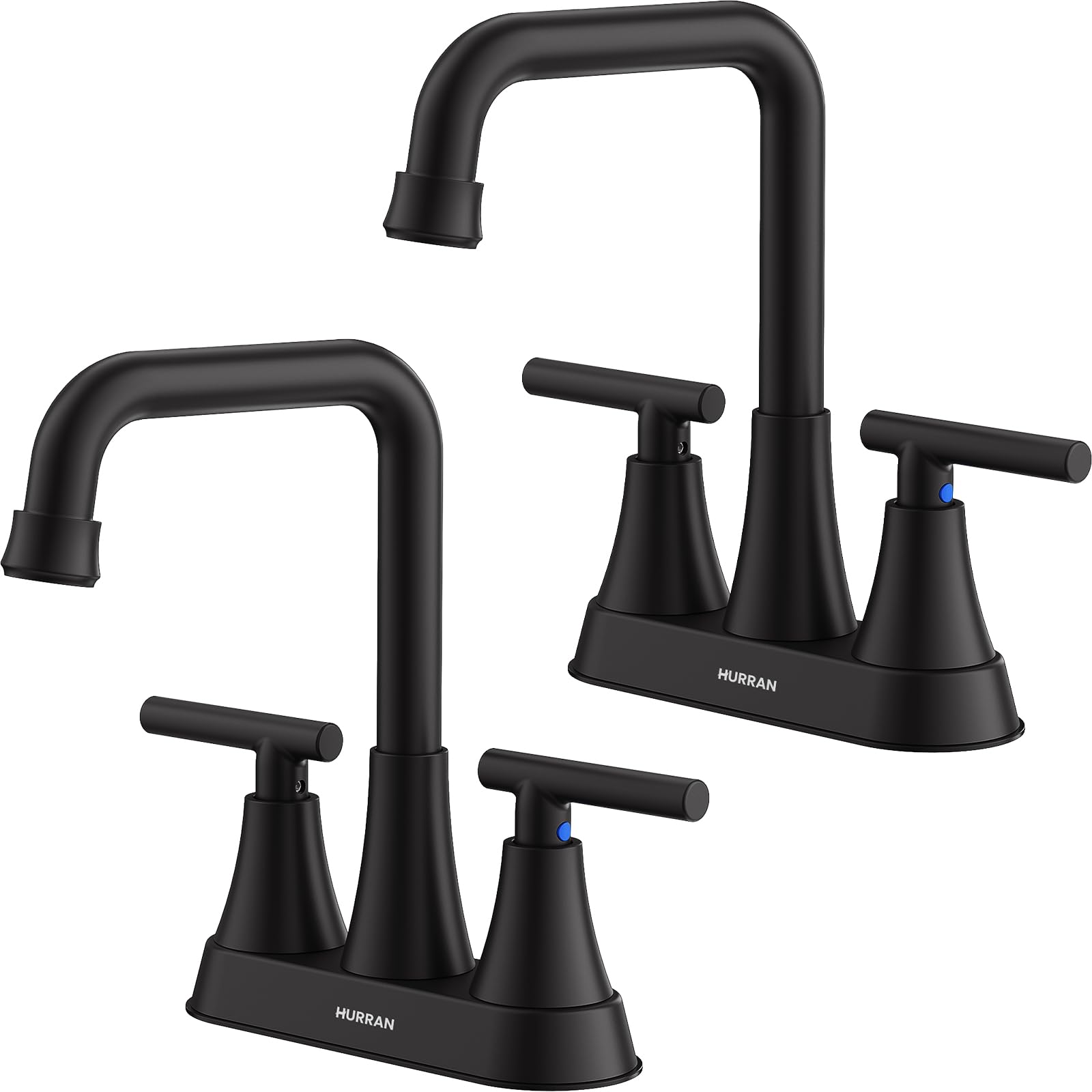 Matte Black Bathroom Sink Faucet, Hurran 4 inch Bathroom Faucets for Sink 3 Hole with Pop-up Drain and Supply Hoses, 360 Swivel Spout Centerset Faucet for Bathroom Sink Vanity RV Farmhouse, 2 Pack