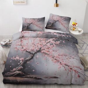 omersa japanese cherry blossom duvet cover queen size set, asian bedding bedroom decor, comforter cover & 2 pillowcases 3 pieces, home collection quilt cover