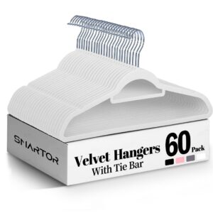 smartor white velvet hangers 60 pack, space saving clothes hangers with tie bar, non-slip felt hangers with shoulder notches, heavy duty suit hangers for coat, shirt, pants, dress