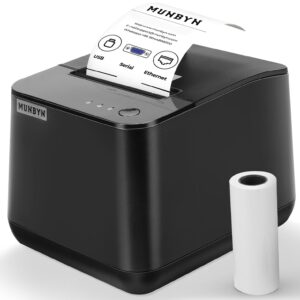 munbyn thermal receipt printer p075, 3 1/8" 80mm pos printer, usb receipt printers with auto cutter support cash drawer, usb serial ethernet interface for windows/android/mac/linux