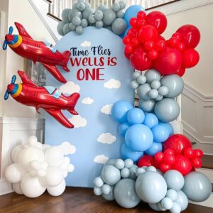 airplane birthday party decorations 151pcs airplane balloon garland arch kit dusty blue and red with airplane mylar balloon for time flies theme birthday baby shower party supplies