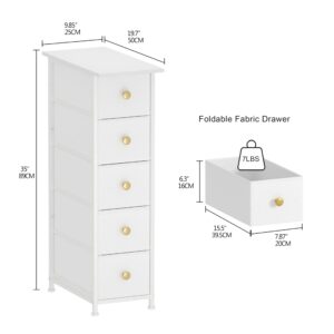 GiftGo Narrow Dresser Cabinet Vertical Slim Dresser Chest of Drawers Skinny Storage Tower for Small Spaces Gaps Closet Bedroom Bathroom Small Fabric Drawer Unit (White, 5 Drawers)