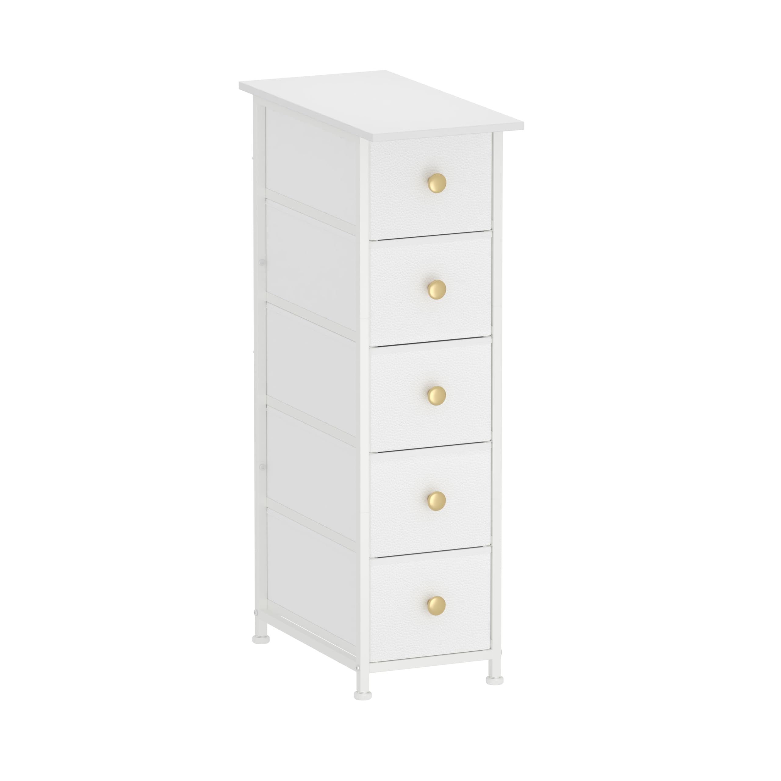 GiftGo Narrow Dresser Cabinet Vertical Slim Dresser Chest of Drawers Skinny Storage Tower for Small Spaces Gaps Closet Bedroom Bathroom Small Fabric Drawer Unit (White, 5 Drawers)