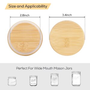 JSATFUL Mason Jar Bamboo Lids, 86mm/3.4 inch Natural Wooden Mason Jar Lids, Food Grade Material Silicone Sealing, 100% Fit and Airtight for Wide Mouth Mason Jars (6PCS Wide Lids)