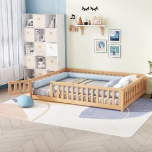 queen size floor bed for children, sturdy wood montessori bed frame with fence railings & support slats, queen playhouse beds for girls and boys, door can install left and right, no box spring needed,