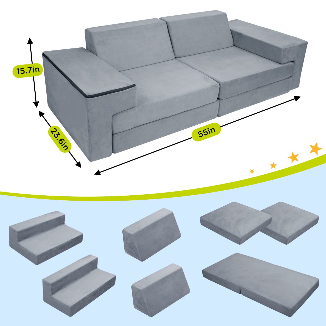 DREAMANIA 7PCS Kids Play Couch, 2024 Premium Modular Kids Play Couch for Toddler Child, Kid Foam Sofa for Bedroom Playroom Toyroom, Prefect Gift for Creative Girls & Boys, Grey