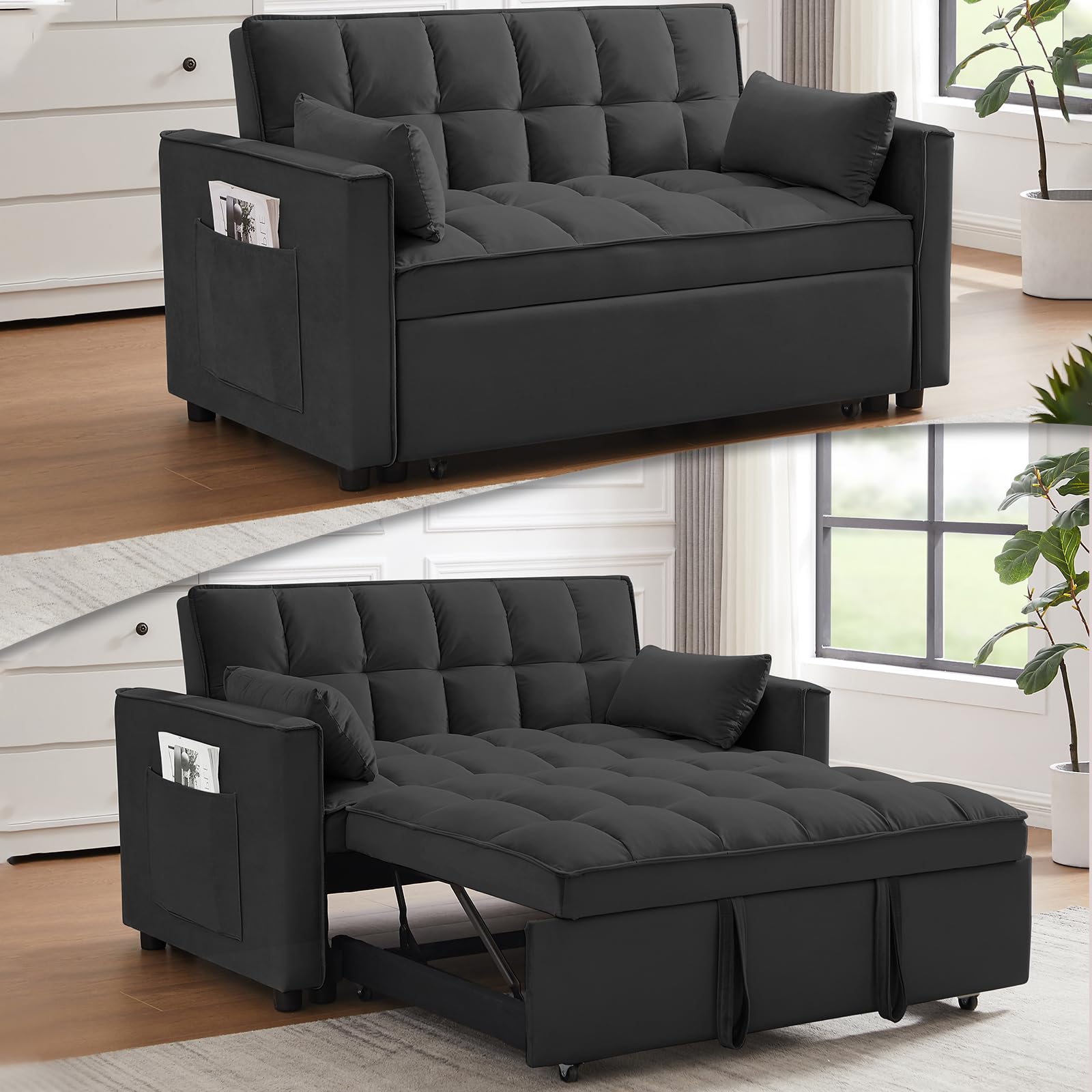 howcool 3 in 1 Convertible Sleeper Futon Sofa Bed with 2 Toss Pillows, 55 Inch Modern Velvet Small Loveseat Lounge Couch w/Reclining Backrest&Side Pockets for Living Room, Pull-Out Design, Pure Black