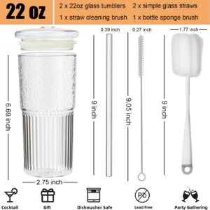 ALINK Glass Cups with Glass Lids and Straws, 22 oz High Borosilicate Clear Iced Coffee Glass Tumblers, Drinking Glass Smoothie Tea Water Cups, Pack of 2 with Cleaning Brush